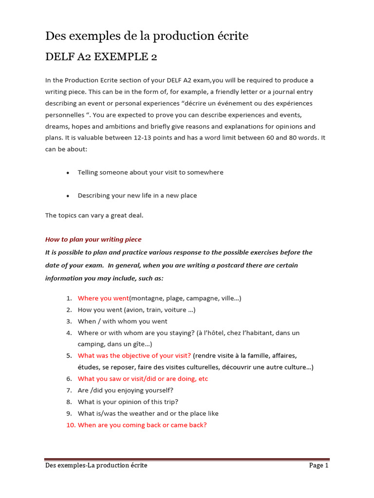 DELF A2 Writing Examples Guide | PDF | Grammar | Linguistics