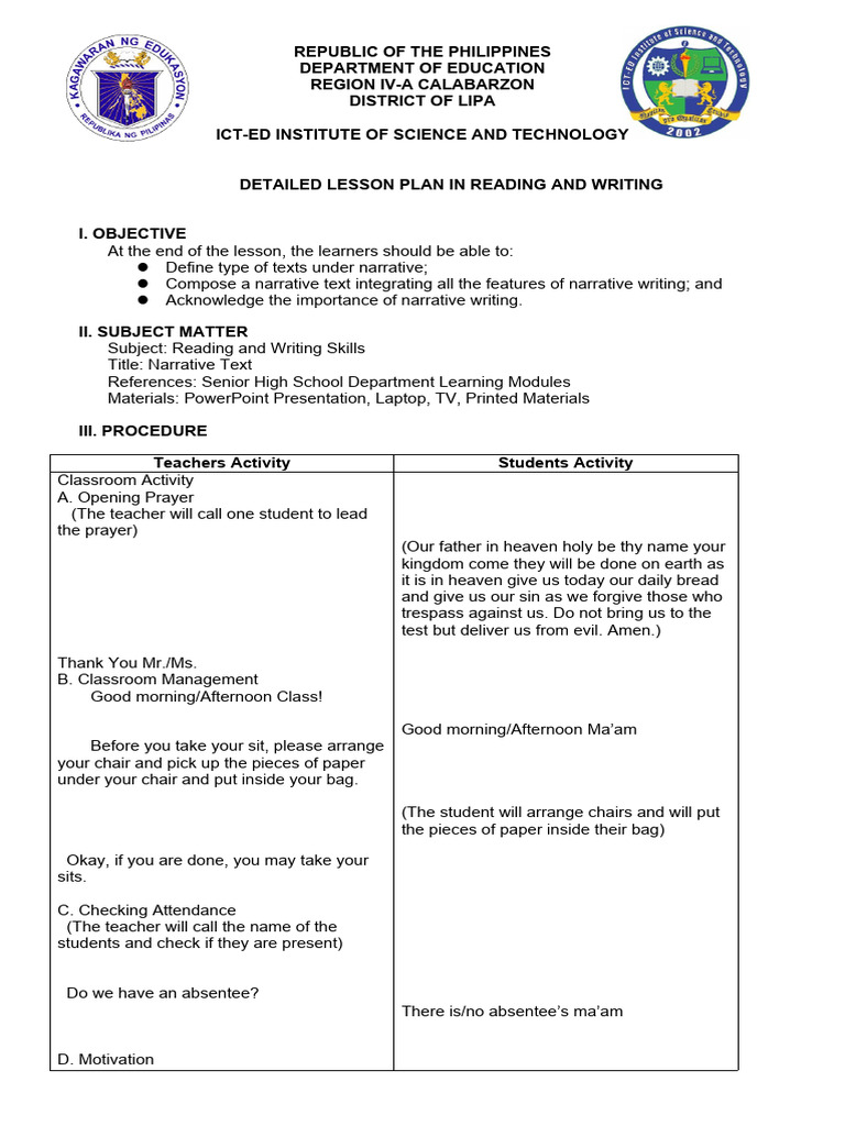 Detailed Lesson Plan Mam Princess Demo Reading and Writing | PDF ...