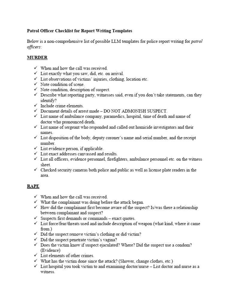 Patrol Officer Checklist for Report Writing Templates | PDF | Witness ...