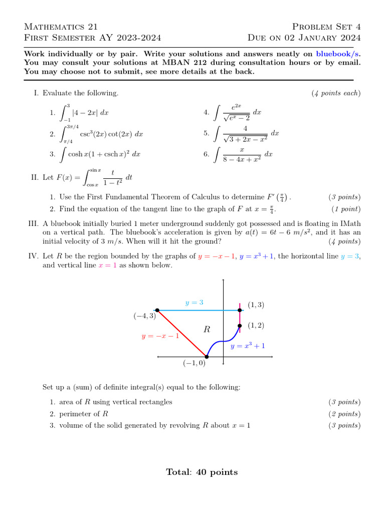 Math 21 Problem Set 4 | PDF | Integral | Functions And Mappings