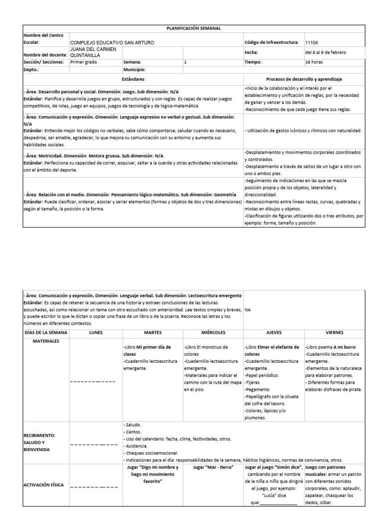 Semana 1 Planificación Semanal Primer Grado | PDF | Aprendizaje ...