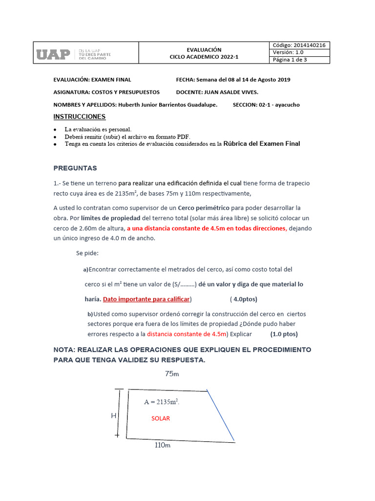 2019 Examen Final de Costos y Presupuestos | PDF | Presupuesto