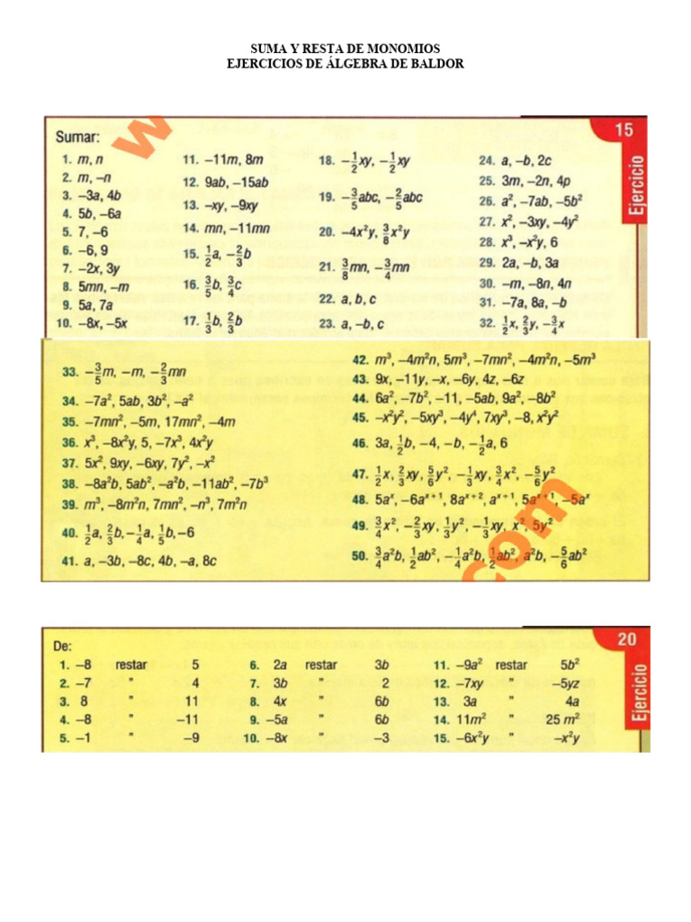Suma y Resta de Monomios (Ejercicios 15 y 20 de Baldor) | PDF