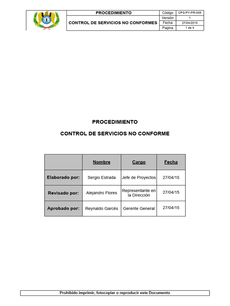 Cps-Py-Pr-005 Control de Servicios No Conformes v02 | PDF | Sistema de manejo de calidad | Economias