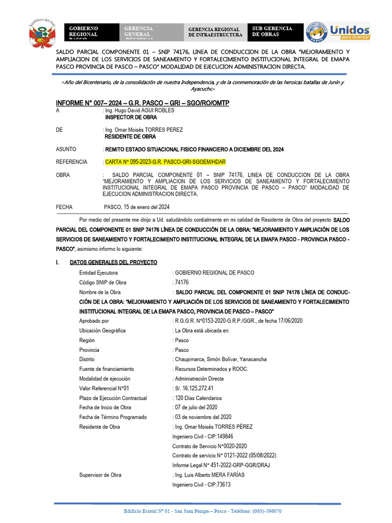 Informe N 007 Remito Estado Situacional Fisico Financiero A Diciembre Del 2024 | PDF