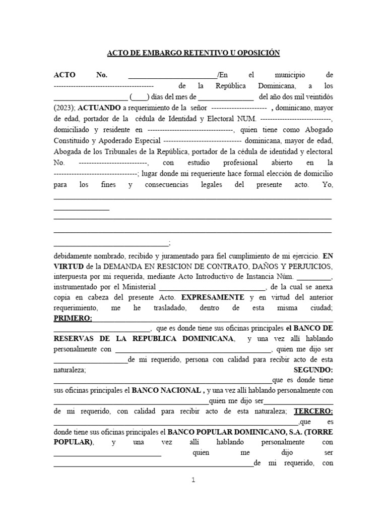 Modelo Embargo Retentivo | PDF | Bancos | República Dominicana