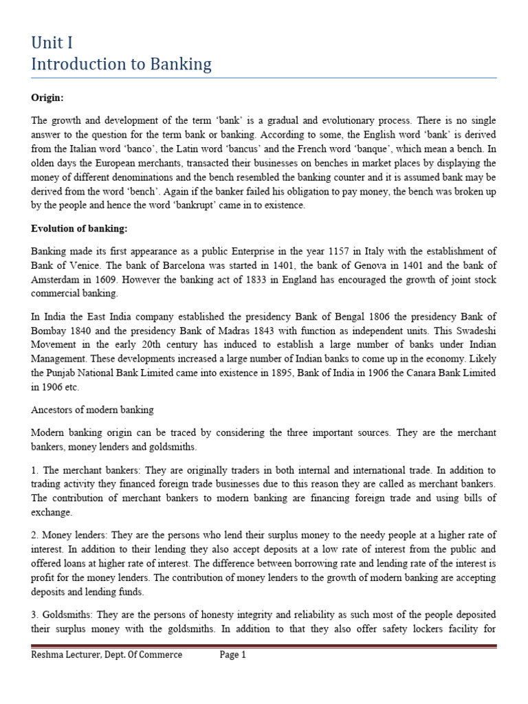 Unit I | PDF | Banks | Loans