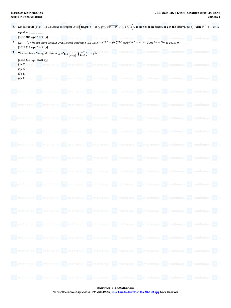 Basic of Mathematics - JEE Main 2023 April Chapterwise PYQ - MathonGo ...