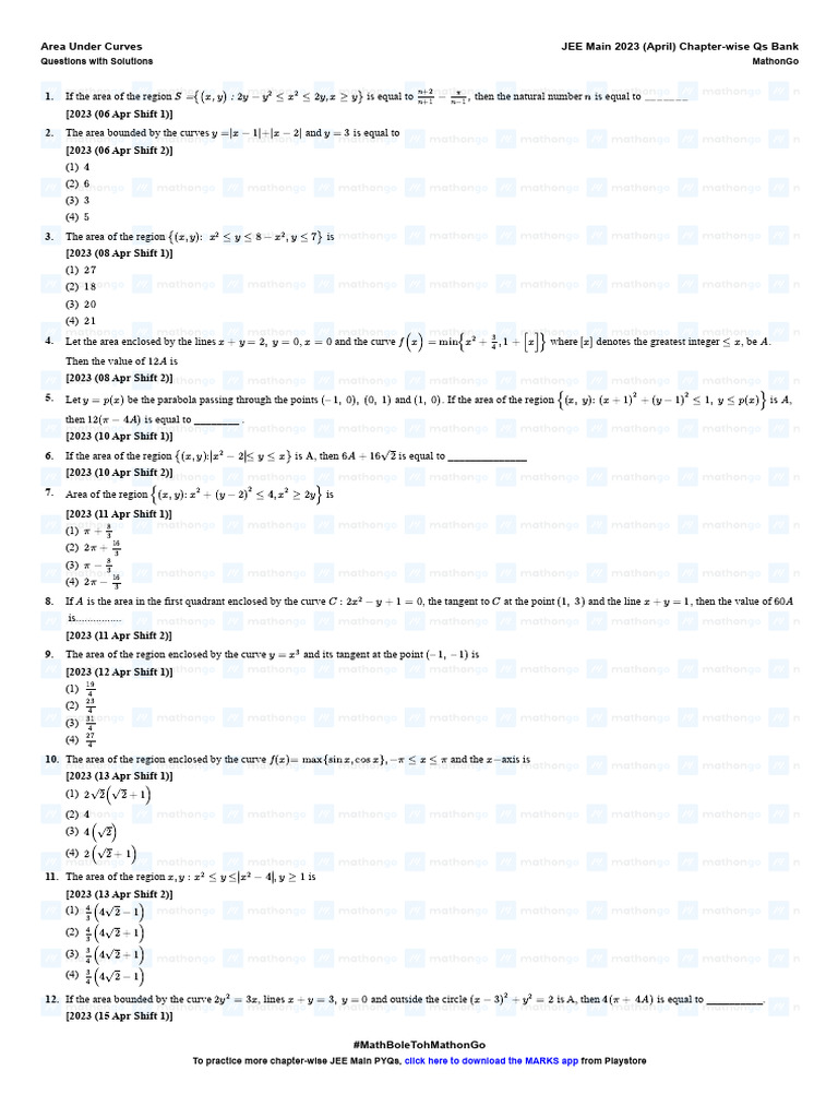 Area Under Curves - JEE Main 2023 April Chapterwise PYQ - MathonGo | PDF | Analytic Geometry ...