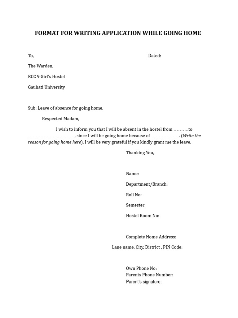 Hostel Leave Application Format | PDF