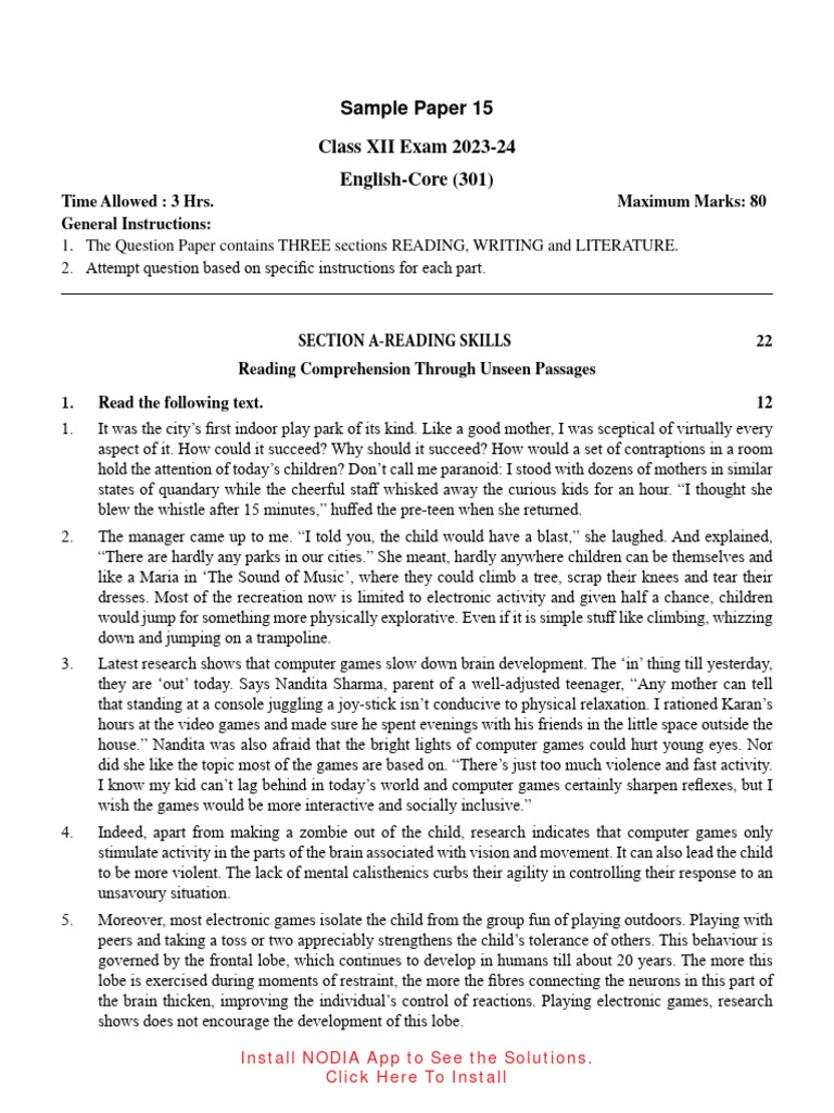 EN Sample Paper 15 Unsolved | Download Free PDF | Cyberbullying | Bullying