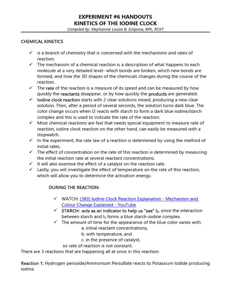 Kinetics of the Iodine Clock Reaction | PDF | Reaction Rate | Chemical ...