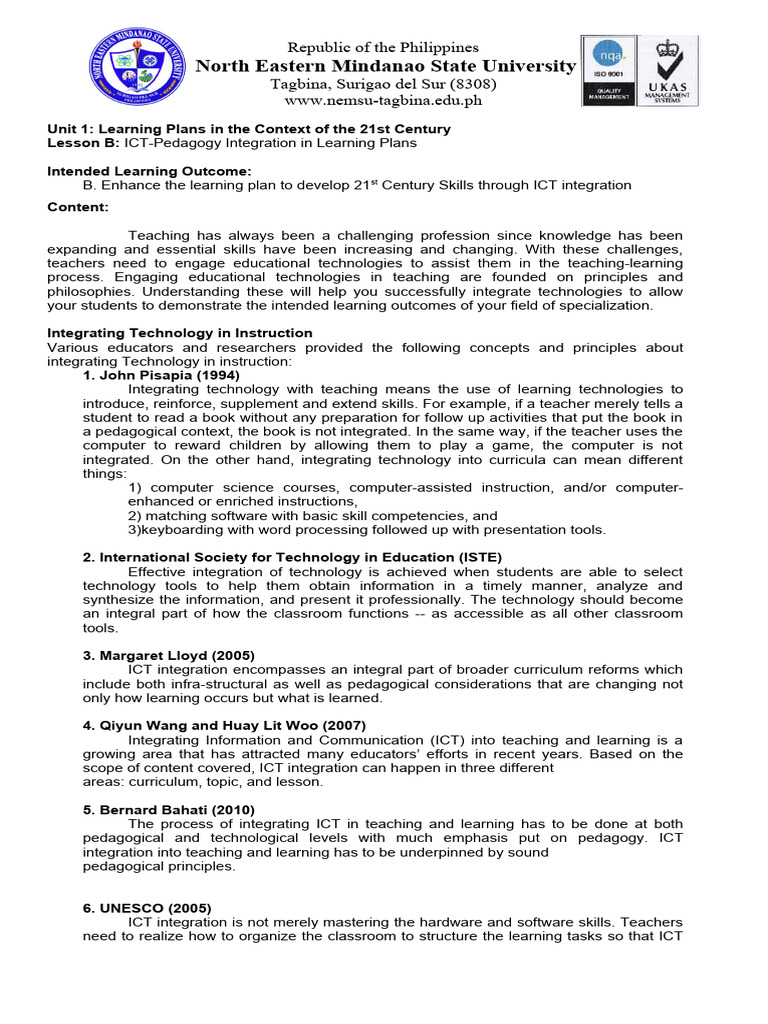 Unit 1 Lesson B ICT Pedagogy Integration in Learning Plans | PDF | Educational Technology | Learning