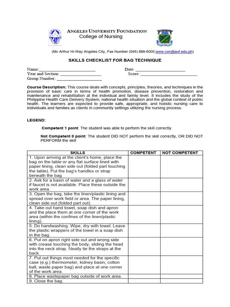 Checklist For Bag Technique | PDF | Hand Washing | Social Programs