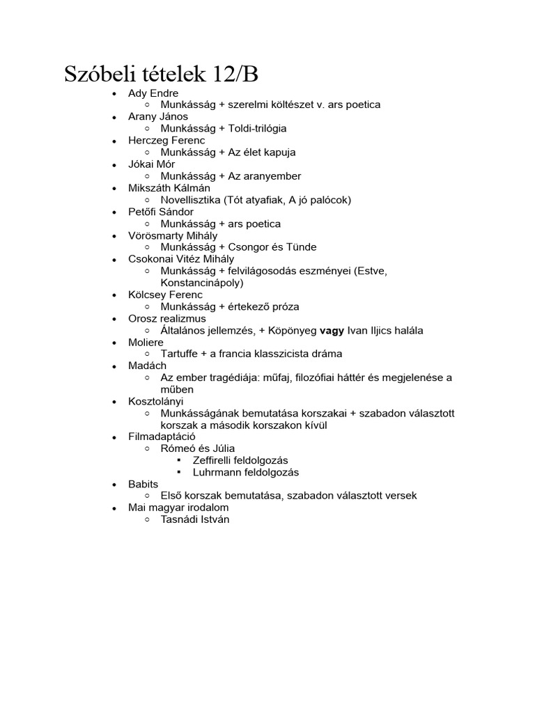 Szóbeli Tételek 12.B | PDF