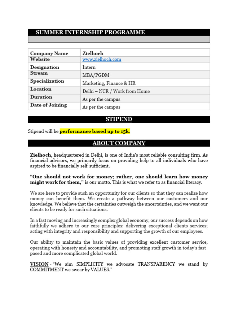Zeilhoch - Summer Internship Progamme | PDF | Marketing | Master Of ...