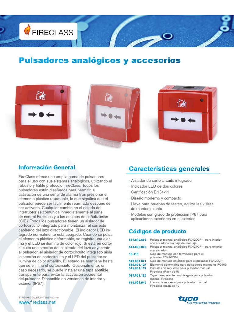 FireClass Pulsador Manual Analògico Datasheet | PDF | Diodo emisor de luz | Tornillo