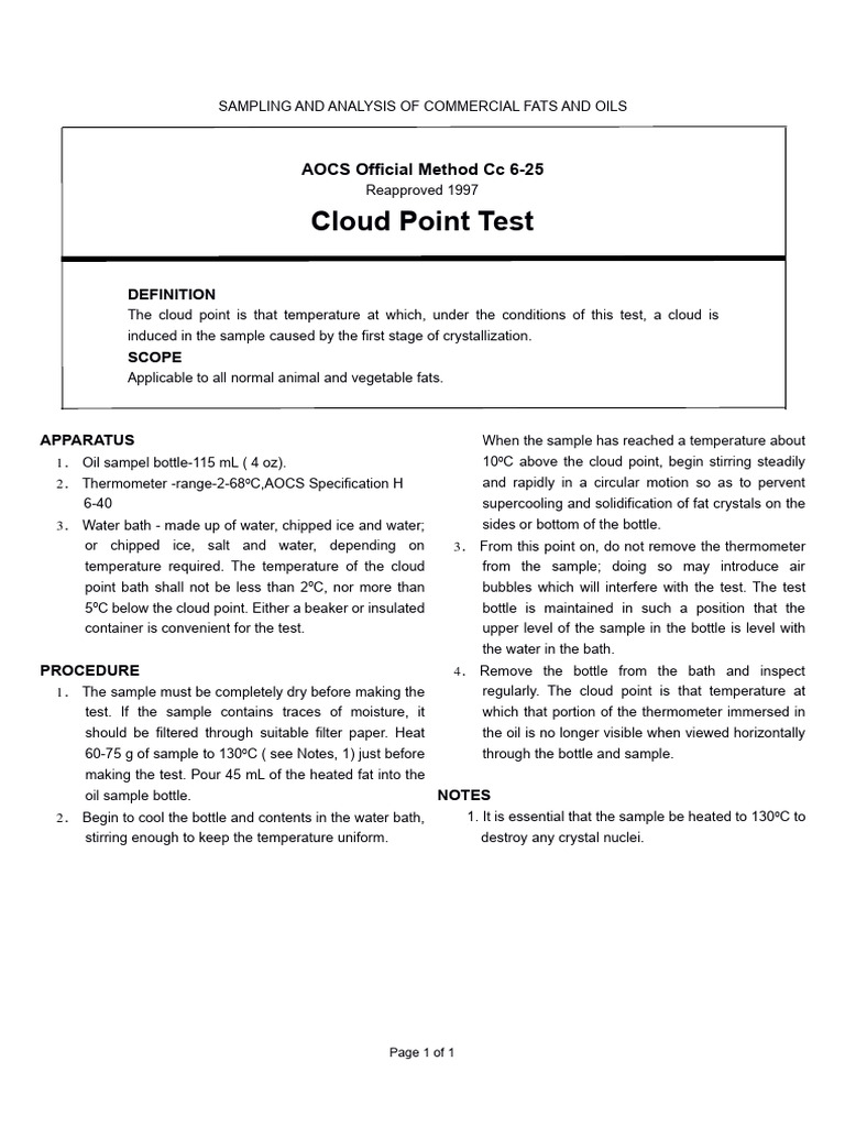 Cloud Point Test Aocs Official Method CC 6 25 | PDF | Cloud | Temperature