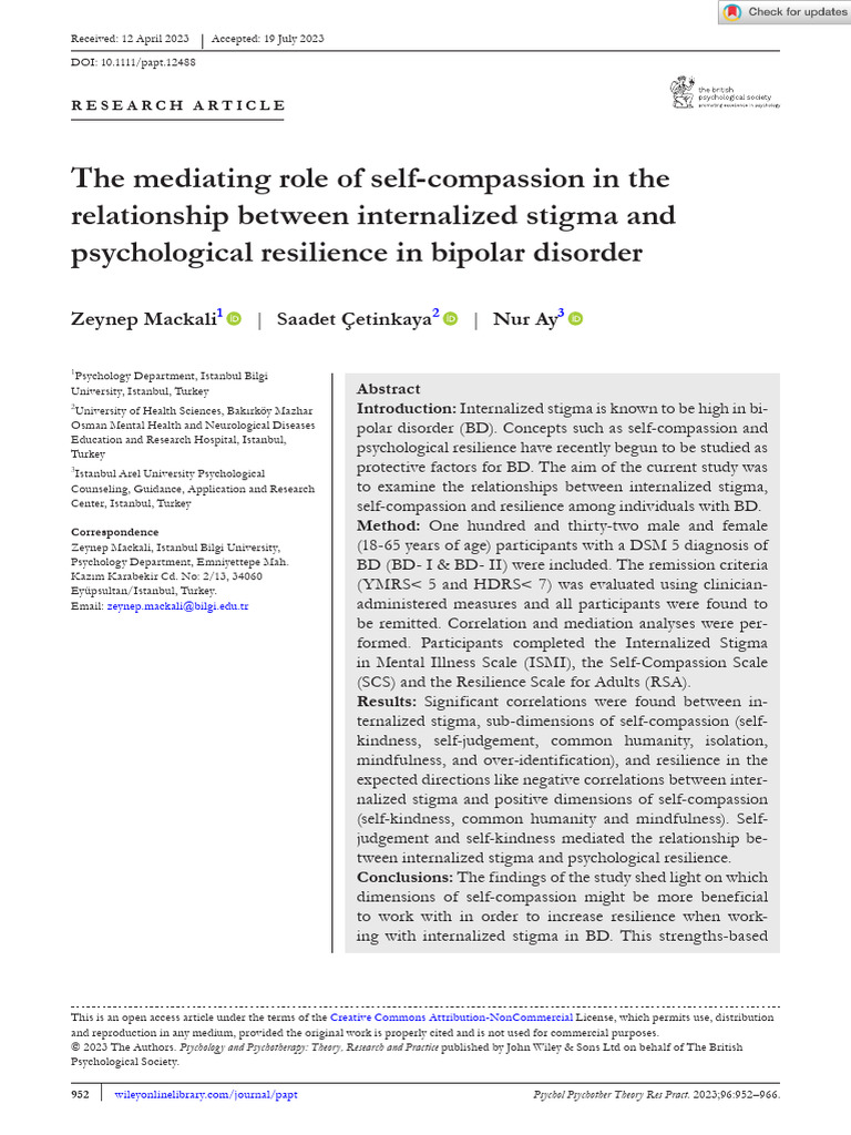 Psychol Psychother - 2023 - Mackali - The mediating role of self‐compassion in the relationship ...