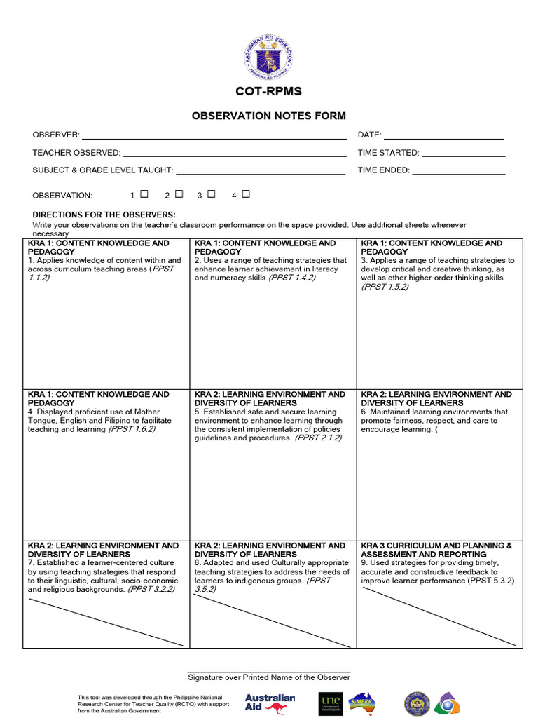 Appendix C 08 COT RPMS Observation Notes Form | PDF | Pedagogy | Learning Appendix C 08 COT RPMS Observation Notes Form | PDF | Pedagogy | Learning