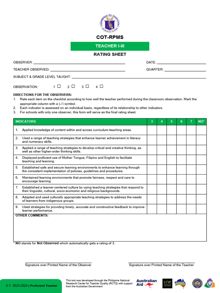 COT-RPMS Rating Sheet 2023-2024 | PDF | Teachers | Learning
