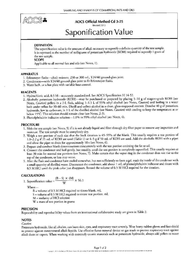 Aocs Official Method CD 3 25 Saponification Value | PDF