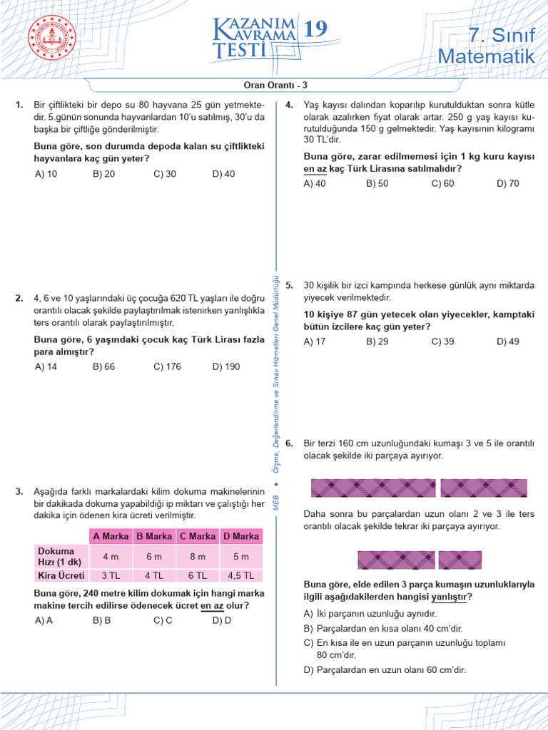 Matematik 7 Kazanim Kavrama 19 Oran Oranti | PDF