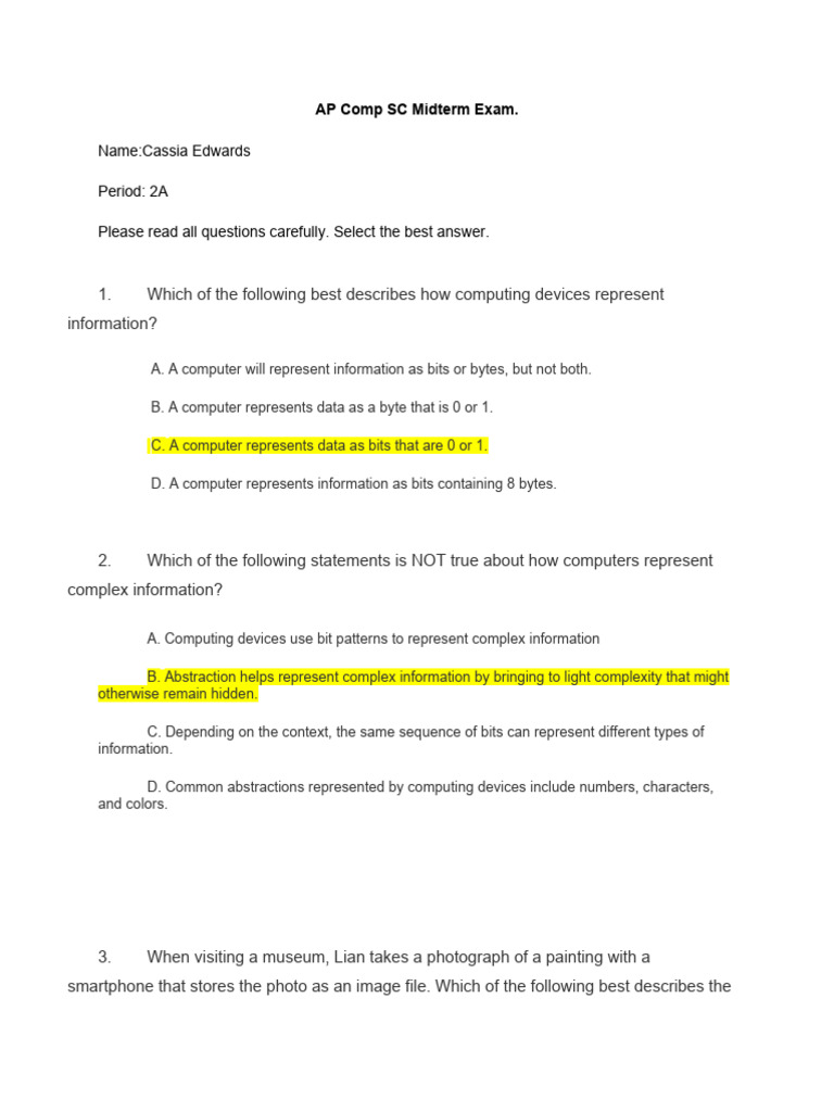 AP Comp SC Midterm Exam Guide | PDF | Data Compression | Computer Network