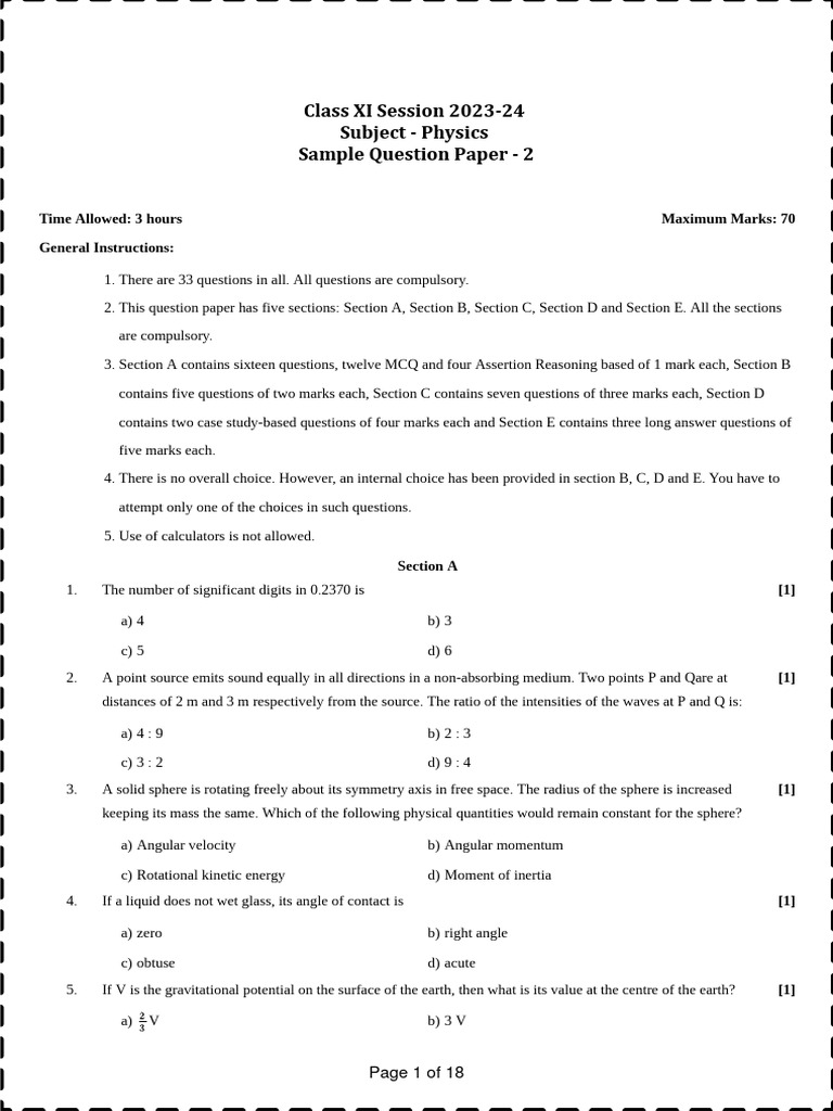 Phy - Sample Paper - Xi-2023-24 - S - 01 | PDF | Force | Physical Sciences