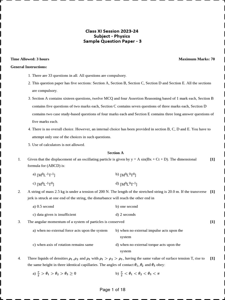 Phy - Sample Paper - Xi-2023-24 - S - 03 | PDF | Pressure | Mass