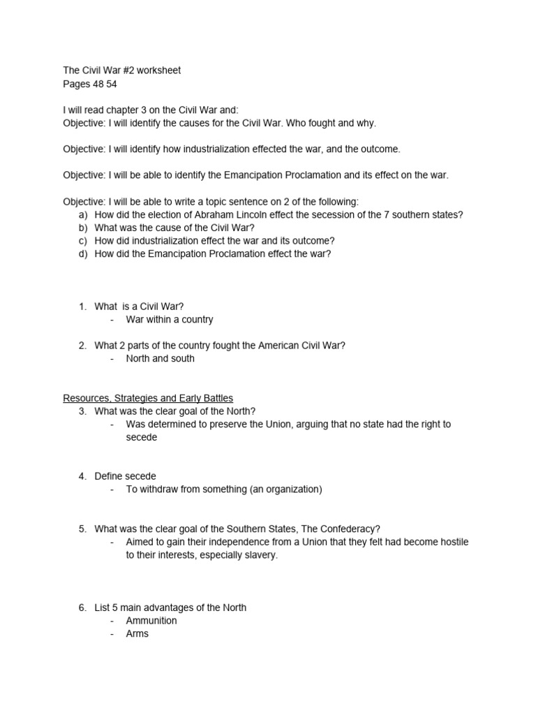 Civil War Causes and Effects Worksheet | PDF | American Civil War ...