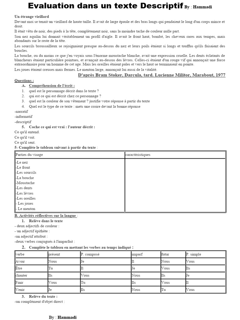 Evaluation Texte Descriptif Et Texte Narratif Tronc Commun | PDF