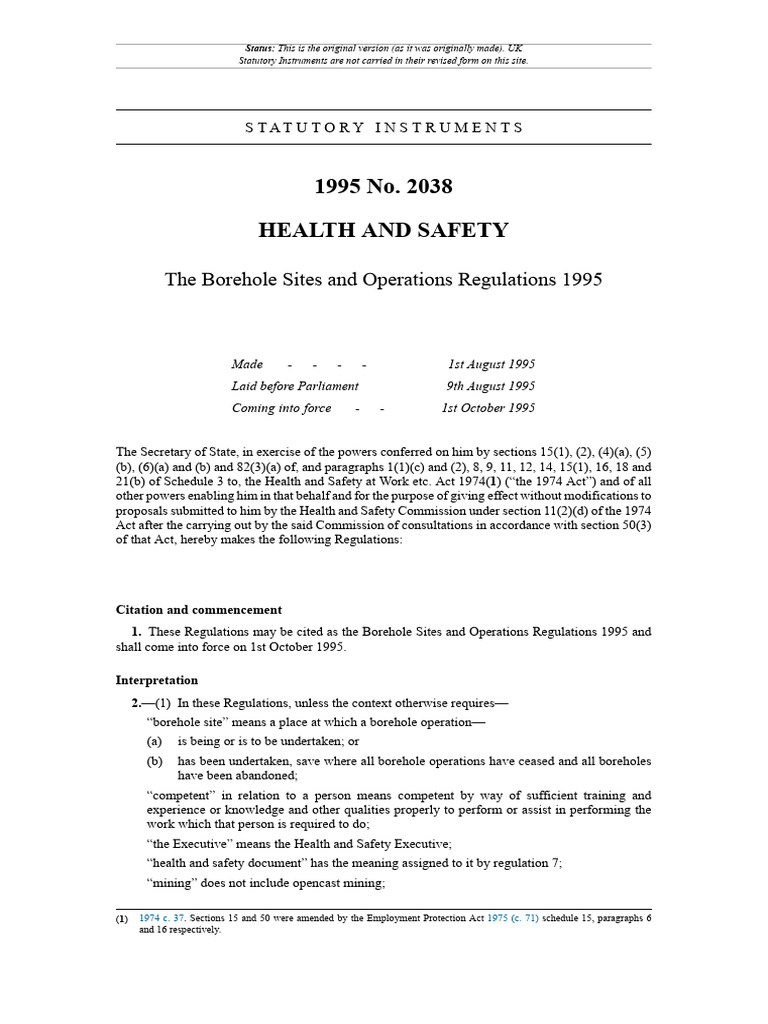 Borehole Sites Regulations 1995 | PDF | Occupational Safety And Health ...