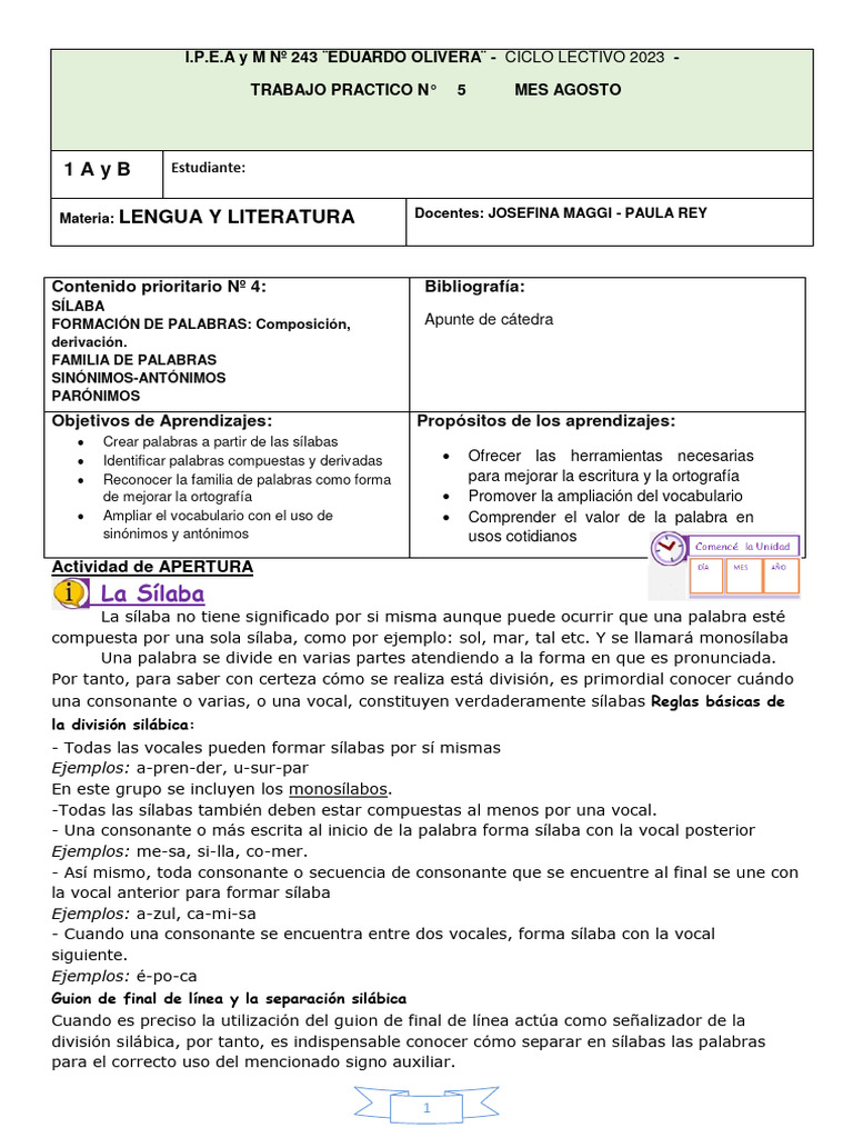 Guía de Sílabas y Formación de Palabras | PDF | Sílaba | Palabra