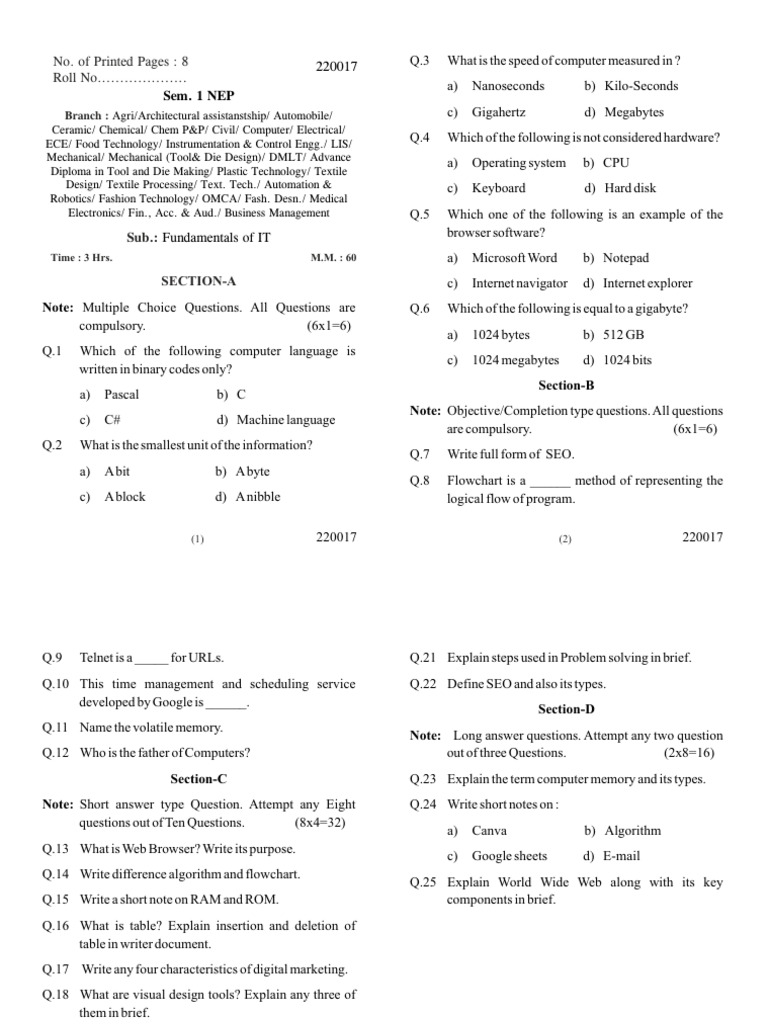 No. of Printed Pages: 8 Roll No.................... : Sem. 1 NEP | PDF | Byte | Computer Engineering