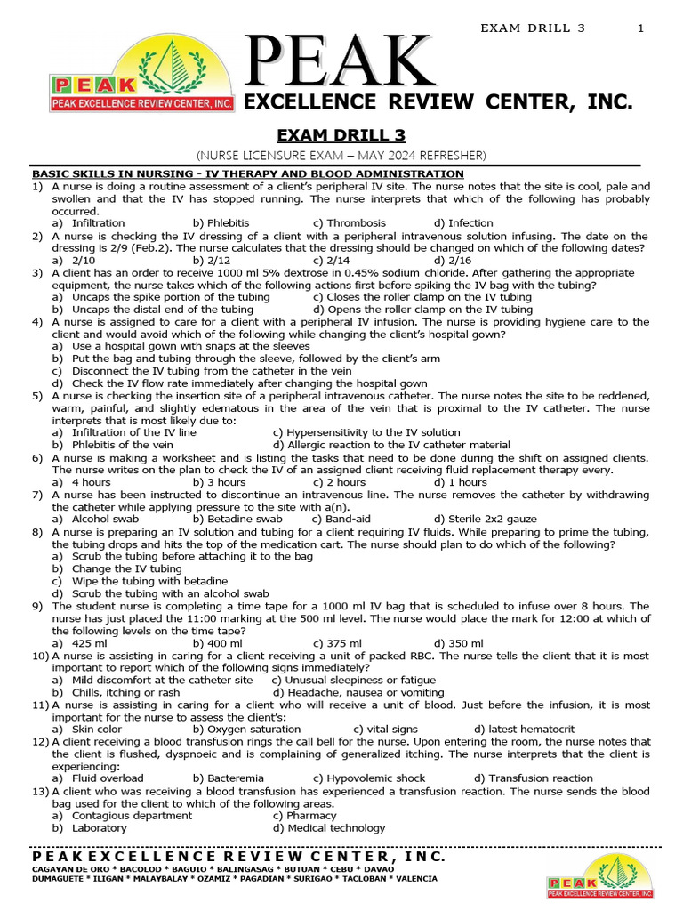 Final Exam Drill 3 Checkedbasic Nursing Skills With Answer Key Nle May ...