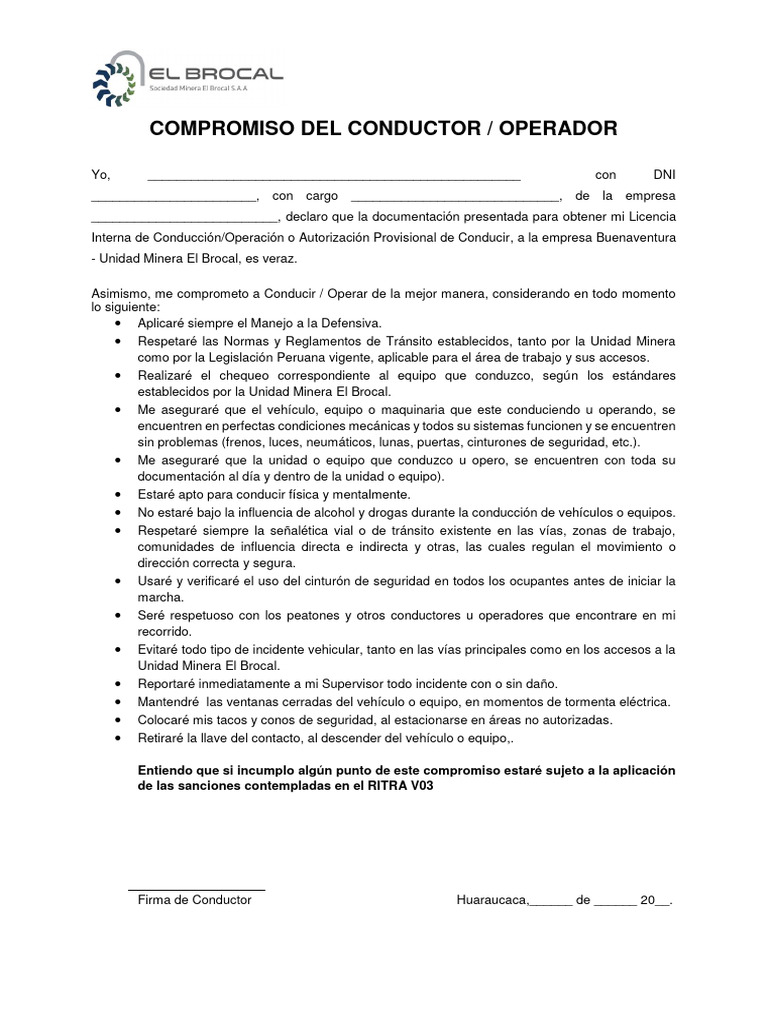 Anexo 2 - Compromiso Del Conductor - Operador | PDF | Transporte | Vehículos
