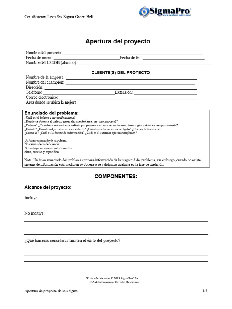 Formato Project Charter LSSGB | PDF | Six Sigma | Medición