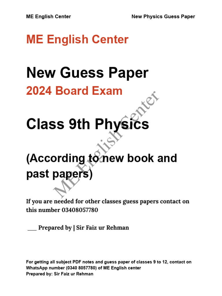 Class 9 Physics Guess Paper 2024 | PDF | Gases | Elasticity (Physics)