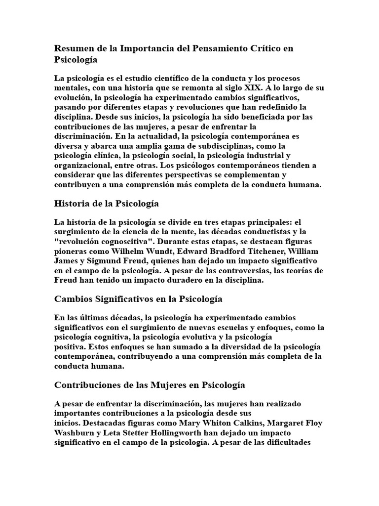 Resumen de la Importancia del Pensamiento Crítico en Psicología | PDF ...