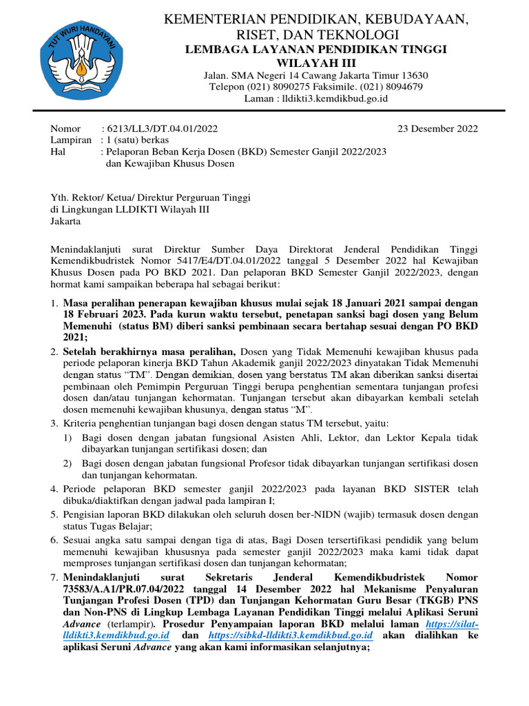 Pemberitahuan Penyampaian Laporan Beban Kerja Dosen BKD Semester Ganjil 202301 | PDF