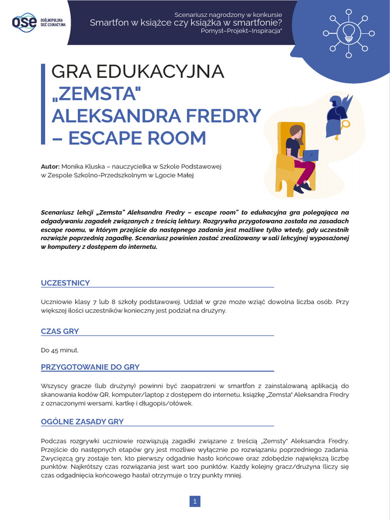 Scenariusz Gry Edukacyjnej Escape Room - Zemsta Aleksandra Fredry" | PDF