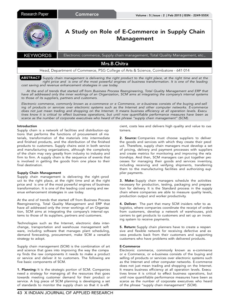 A Study on Role of E-Commerce in Supply Chain 2015 | PDF | Supply Chain Management | Supply Chain