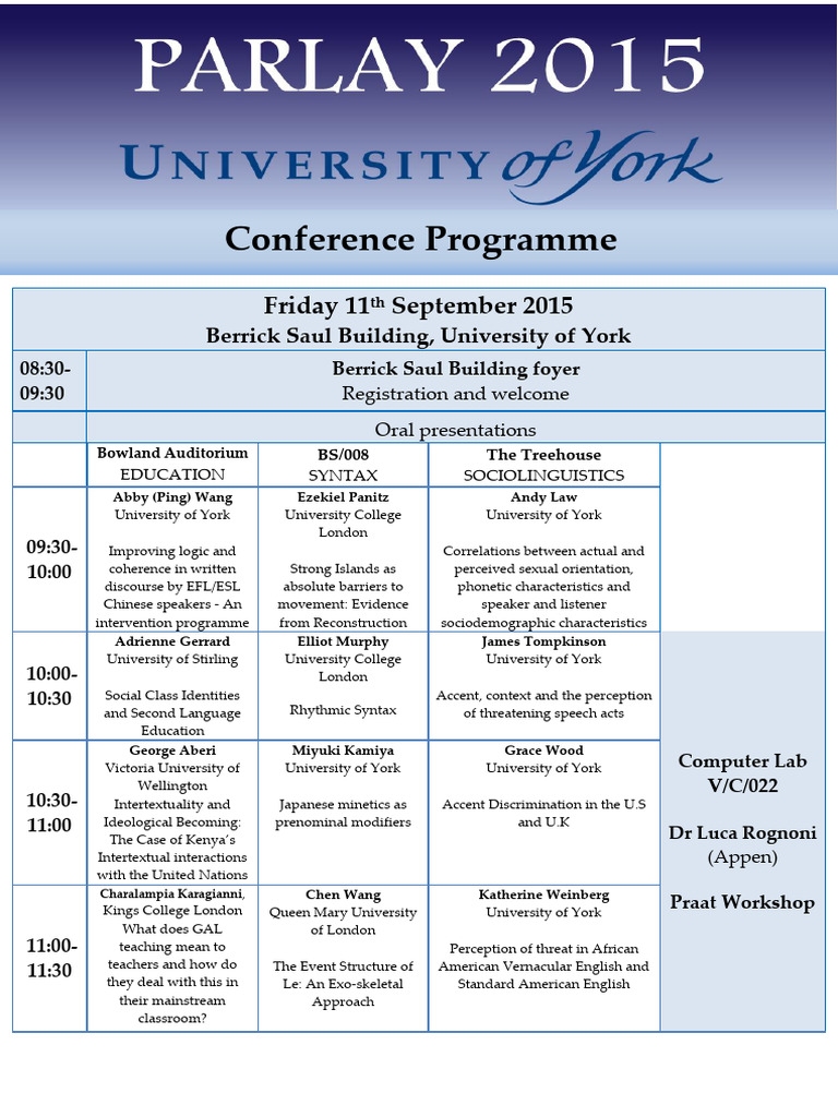 PARLAY2015 - Conference Programme - Updated Version4 | PDF | English Language | Linguistics