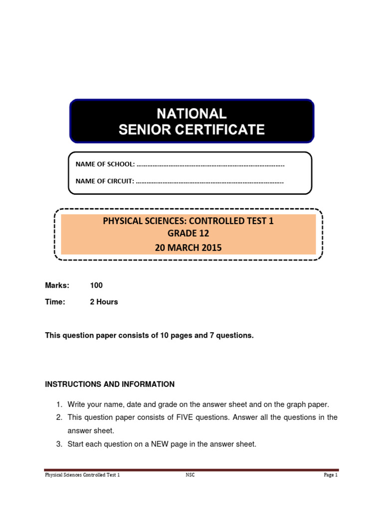 Physical Sciences Term 1 Controlled Test Grade 12 Capricorn | PDF ...