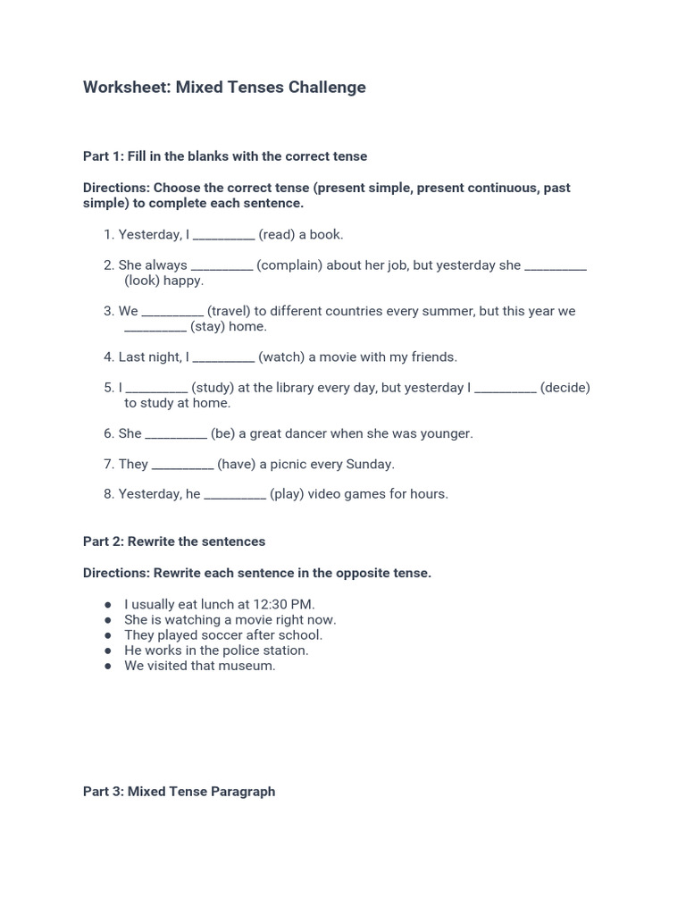 Worksheet - Mixed Tenses Challenge | PDF | Language Arts & Discipline