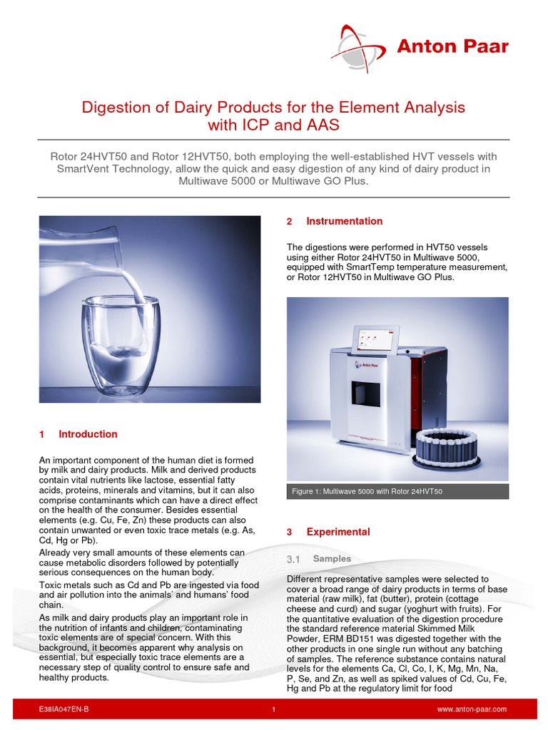 Digestion For The Element Analysis With AAS | PDF | Milk | Dairy