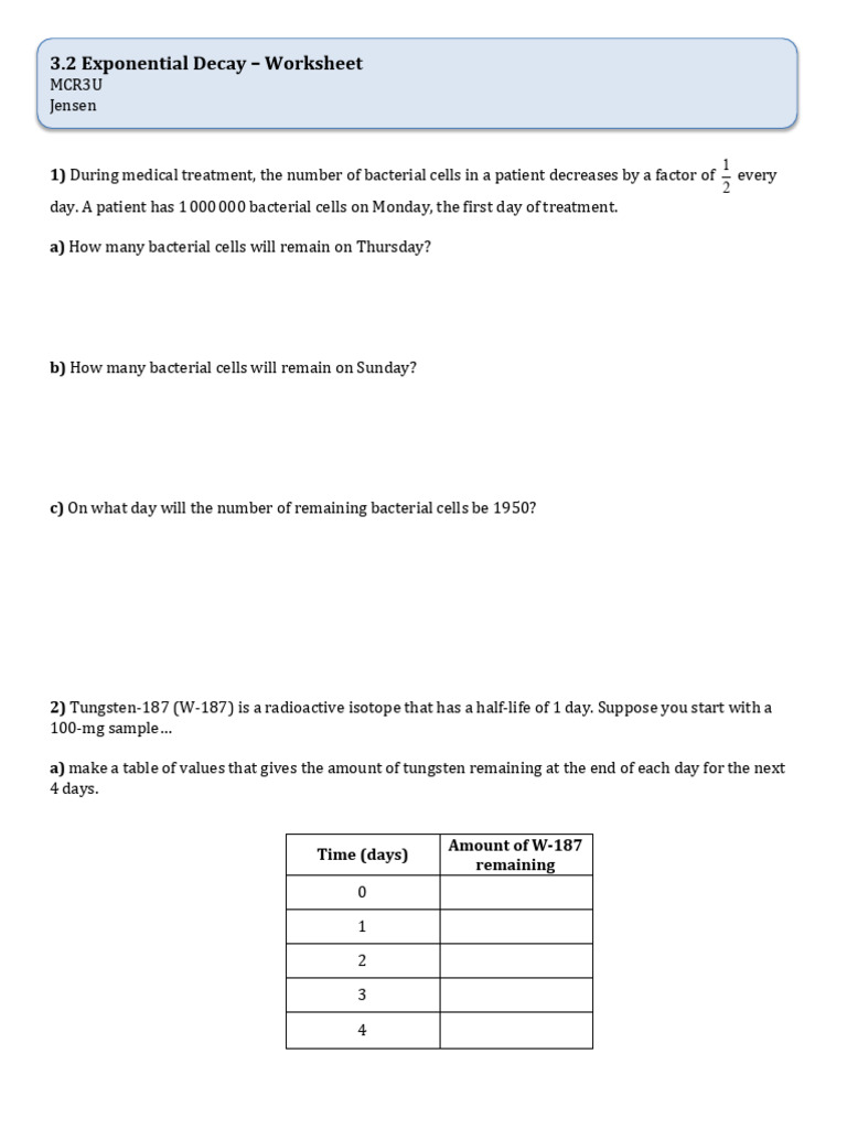 3.2 Exponential Decay - Worksheet: Mcr3U Jensen | PDF | Radioactive ...