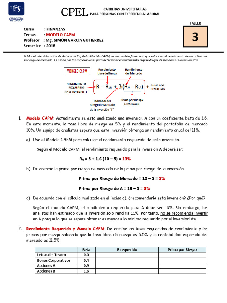 Taller 3 Finanzas 2018 Modelo Capm Usil SGG | PDF | Modelo de fijación de precios de activos de ...