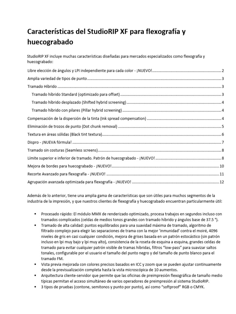 StudioRIP XF Caracteristicas Flexo y Huecograbado | PDF | Impresora (Computación) | Diseño de ...